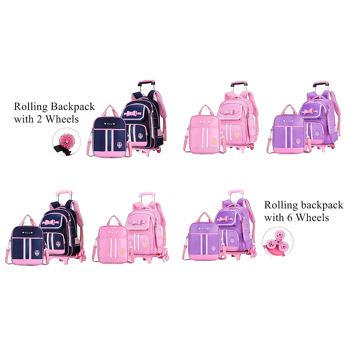 VIDOSCLA Bowknot Kids Girls Rolling Backpack Cute Carry-on Luggage with Wheels Trolly BookBag for School-6 Wheels
