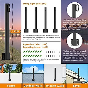 AILBTON 4 Pack 1.3 Ft Suspension Outdoor String Light Poles,Light Poles for Outside String Lights Hanging,with Clip and Holder,Light Post Mounting Stand for Patio Fence Wall Garden Backyard Deck