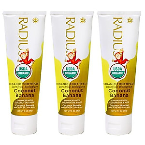 RADIUS USDA Organic Kids Toothpaste 3oz Non Toxic Chemical-Free Gluten-Free Designed to Improve Gum Health for Children's 6 Months and Up - Coconut Banana - Pack of 3
