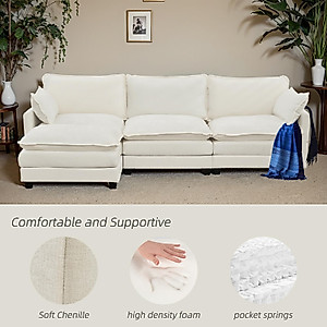 Modern Cloud Couch,Deep Seats L-Shaped Chenille Sofa Sleeper with Ottoman,3-Seat Modular Sectional Couch,Comfy Home Couch for Living Room, Apartments,Studio Lounge Sofas Furniture (White, 113"3 Seat)
