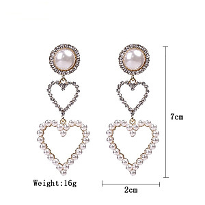 BUAJIUBUA Heart Earrings Drop Pearl Heart Earrings for Women Girls Teens Rhinestone Earrings（Gold Plated）