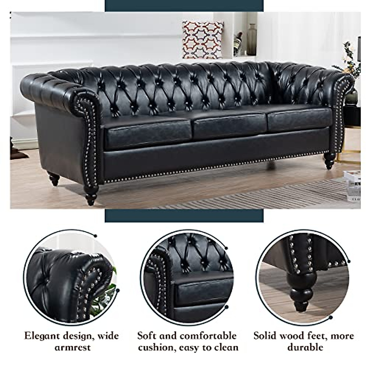Dvasovio Chesterfield Luxury Leather Sofa, Upholstered PU Sofa with Tufted Back, Classic 3 Seater Leather Couch Rolled Arm for Living Room Office, Black