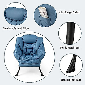 Giantex Lazy Chair with Ottoman, Accent Sofa Chair with Folding Footrest, Side Storage Pocket, Upholstered Leisure Lounge Armchair with Stool for Bedroom, Living Room, Office, Blue