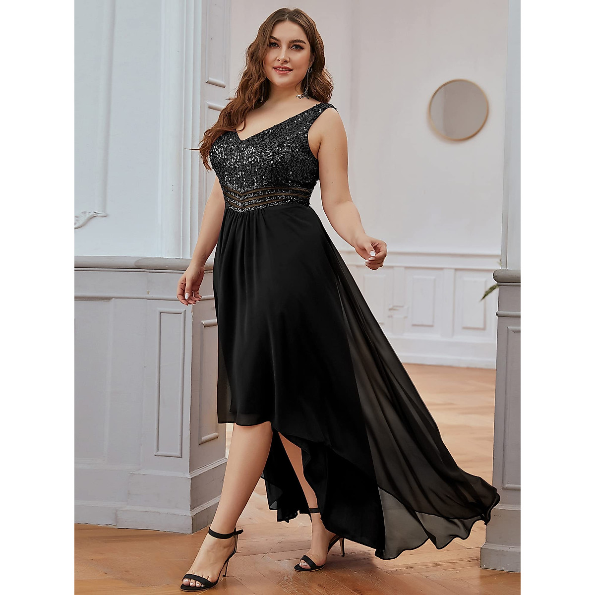 Ever-Pretty Plus Womens Plus Size Sequin V Neck Empire Waist High Low Bridesmaid Dresses Black US20