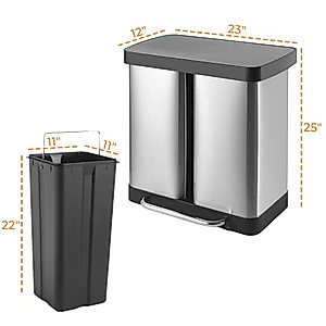 Arlopu 16 Gallon Dual Trash Can, 60L Stainless Steel Kitchen Garbage Can, Step-on Classified Recycle Garbage Bin with Removable Inner Buckets, for Kitchen, Living Room, Office, Silver (2x30L)