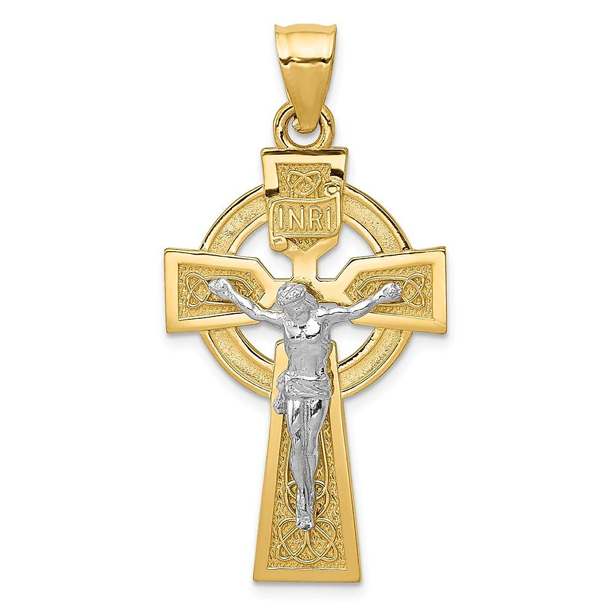 Solid 14k Yellow and White Gold Two Tone Celtic Knot Irish Claddagh INRI Cross Pendant Crucifix Charm - 35mm x 22mm