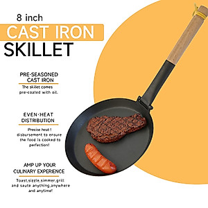 Keleday 8.2 Inch Cast iron Skillets, Non Stick Frying Pan, Cast Iron Griddle Pan for Camping Indoor & Outdoor Use,Pre-Seasoned Grill Pan with Folding Handle for Stove Tops