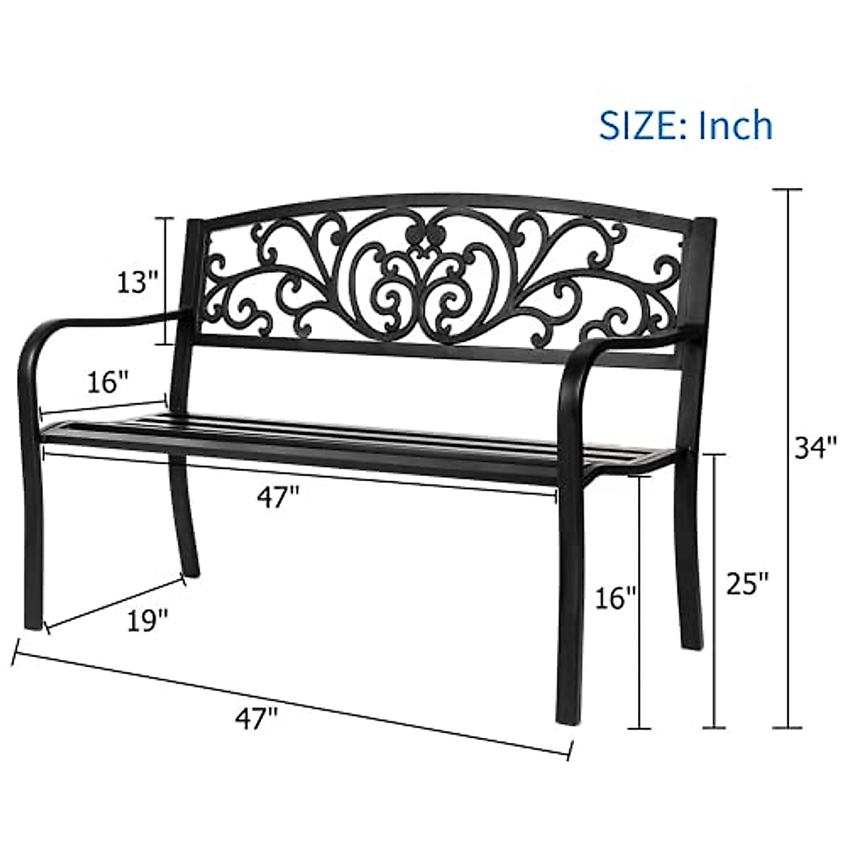 Patio Park Garden Bench, 50" Outdoor Bench Metal Bench with Powder Coated Iron Metal Frame & Floral Ivy Design Backrest, 400lbs Sturdy Steel Frame Furniture for Yard Porch Entryway Lawn Decor Deck