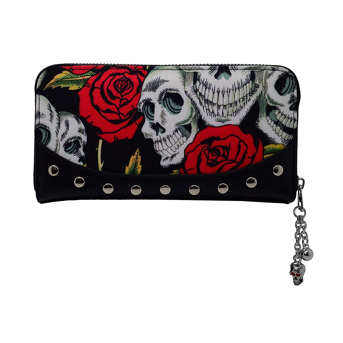 Lost Queen Skulls & Roses Women's Black Wallet Faux Leather Zip Around