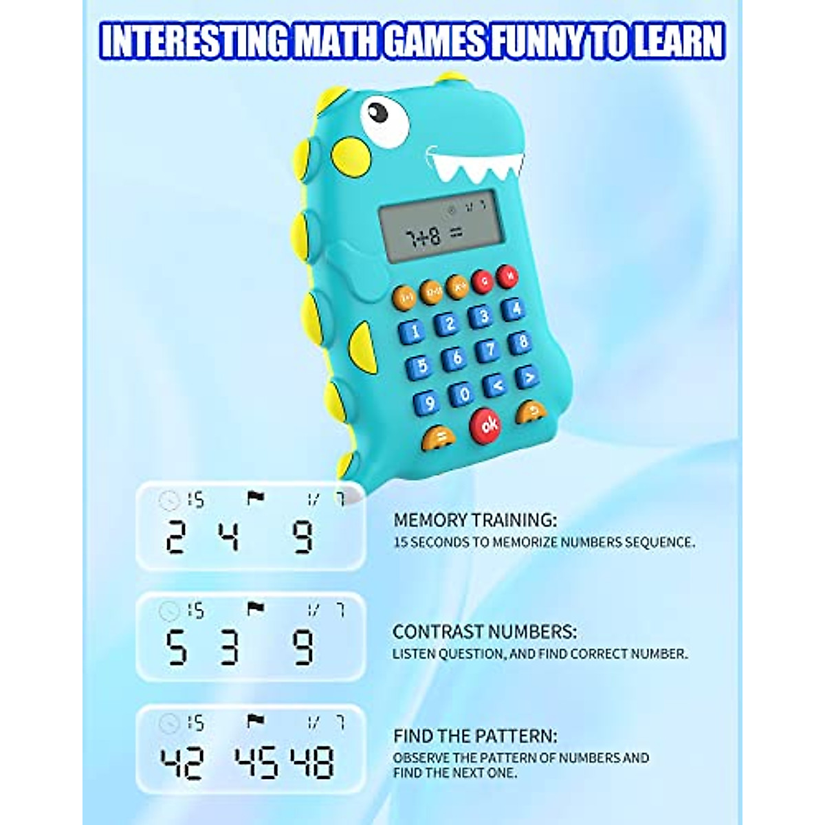 HONGID Electronic Math Games for Kids 4-6-8,Dinosaur Calculator for Kids with Music,Addition,Subtraction,Multiplication & Division,Learning Educational Toys Gifts for Boys Girls Age 4 5 6 7 8+