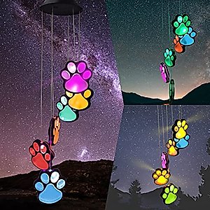 Paw Print Solar Wind Chimes, Dogs Cat Pet Pawprint Remembrance Wind Chimes, Waterproof Color Changing Solar Hanging Lights, Sympathy Gift for Pet Lover, Balcony, Patio, Yard Decor (Paws)