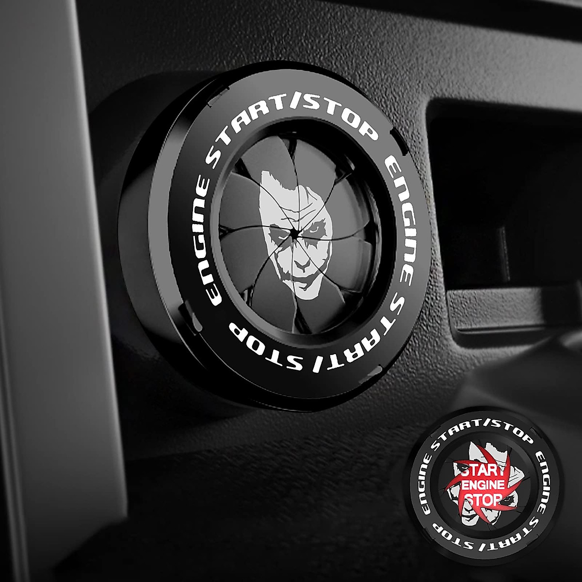 Tybasthe Rotary Push Start Button Cover, Joker Car Accessories Engine Start Stop Button Cover, Car Stickers Interior Decor, Motorcycle Ignition Key Switch Cover, Black