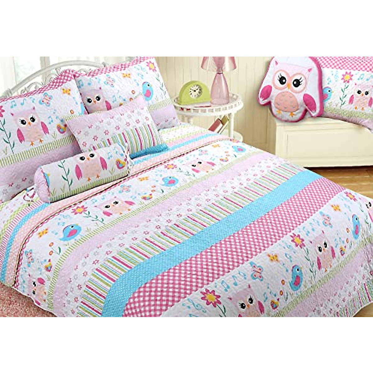 Cozy Line Home Fashions Happy Owl Pink Reversible Quilt Bedding Set, Coverlet, Bedspreads for Girls (Happy Owl, Queen -3 Piece)