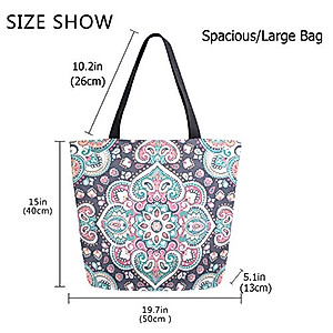 ZzWwR Beautiful Indian Floral Paisley Extra Large Canvas Shoulder Tote Top Handle Bag for Gym Beach Weekender Travel Shopping