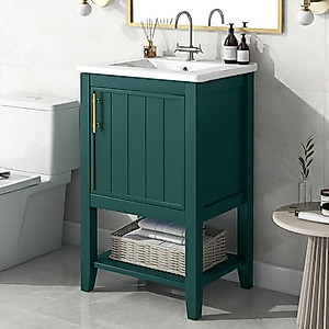 20" Freestanding Bathroom Vanity with Ceramic Sink, Wood Bathroom Storage Cabinet with Soft Closing Door, Storage Rack and Open Shelf Bathroom Vanity Sink Combo for Small Space, Green
