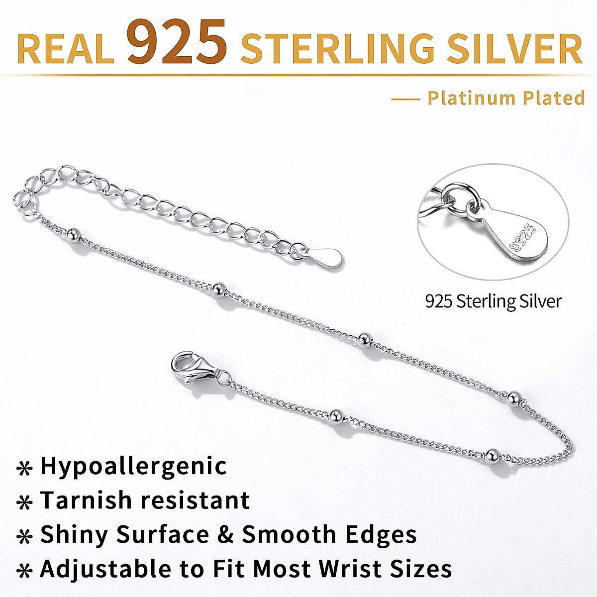 Silver Dainty Bead Chain Bracelet for Women, Hypoallergenic Sterling Silver Cute Delicate Tiny Satellite Chain Link Bracelet Minimalist Jewelry Gift for Best Friendfriend Mom