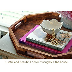 MAGIGO 20 Inches Extra Large Octagonal Black Walnut Wood Ottoman Tray with Handles, Serve Tea, Coffee Classic Wooden Decorative Serving Tray