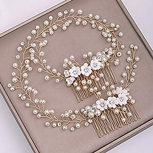 Kercisbeauty Pearl Hair Vine for Women Bridal Gold Hair Combs Rose Headband Prom Special Occasion Jewelry