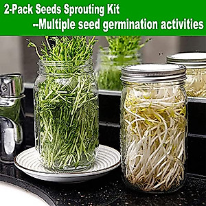 Seeds Sprouting Kit, 2-Pack Mason Jar Germination Growing Kit with Stainless Steel Mesh Lids and Stands, Wide Mouth Jars Germinator, Indoor Seed Sprouter Set for Broccoli Beans Microgreens Sprouts