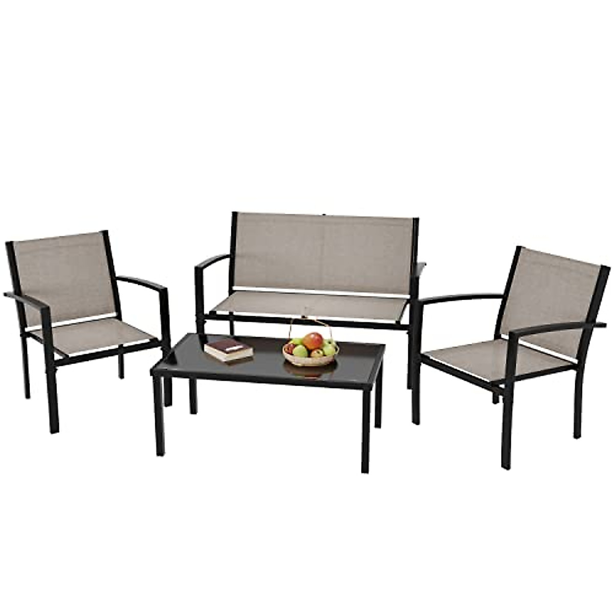 Greesum GS-LCT4PCSBG 4 Pieces Patio Furniture Set Outdoor Conversation Textilene Fabric Chairs for Lawn, Garden, Balcony, Poolside with A Glass Coffee Table, Beige