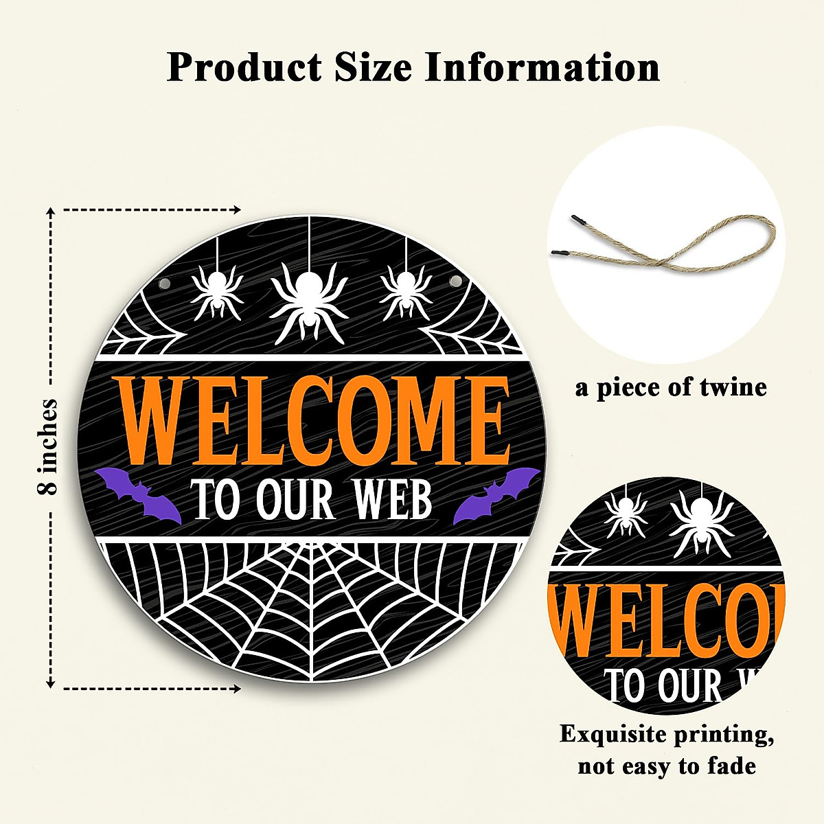 Halloween Hanging Door Wall Decor Wooden Plaque, Welcome To Our Web Sign, Spider Web Pattern, 8 Inch Round Halloween House Decor Hanging Sign, Outdoor Halloween Theme Party Decor Supplies -04