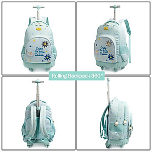 MOHCO Rolling Backpack for Girls 18 inch Cute School Bookbag Set for Kids with Lunch Bag and Pencil Case Wheeled Backpack Blue Daisy