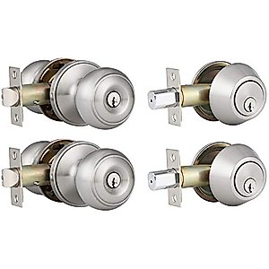 2 Pack Entry Door Knob and Single Cylinder Deadbolt Combo Pack in Satin Nickel, Keyed Alike Exterior Door Lock Set with Deadbolt, Door Knobs with Deadbolt for Entrance and Front Door
