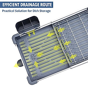 TOOLF Aluminum Extendable Dish Rack, Dual Part Dish Drying Rack with Non-Scratch and Movable Cutlery Drainer and Drainage Spout, Adjustable Dish Drainer for Kitchen, 1 Piece Grey