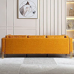 Hommoo Faux Leather Sofa 94" Large 3 Seater Sofa with Removable Cushions Mid Century Modern Couch for Living Room Comfy Couch with Gold Metal Legs Apartment Couch Brown