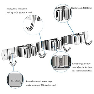 2 Pack Broom Holder Wall Mount, Stainless Steel Tool Organizer, Mop Broom Storage, Utility Racks with Self Adhesive and Screw for Home, Garden, Garage, Laundry Room (3 Racks 4 Hooks)