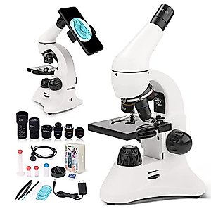 Microscope for Adults Students, 40X-2000X Magnification Dual LED Illumination Metal Body Optical Glass Lens Beginners Monocular Microscope with Prepared Slides Phone Adapter