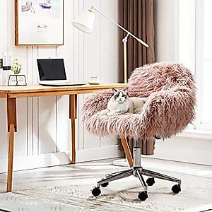 DKLGG Fluffy Office Desk Chair, Faux Fur Modern Desk Chairs with Wheels Upholstered Seat, Vanity Accent Height Adjustable Swivel Furniture for Home Living Dressing Room/Makeup/Teen Girls Bedroom, Pink