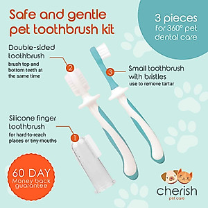Cherish Pet Care Dog Tooth Brushing Kit (3pcs) - Dog Finger Toothbrush, Double-Sided Toothbrush, Small Dog Toothbrush, Dog Teeth Cleaning, Puppy Tooth Brushing Kit, Small Dog Tooth Brushing Kit