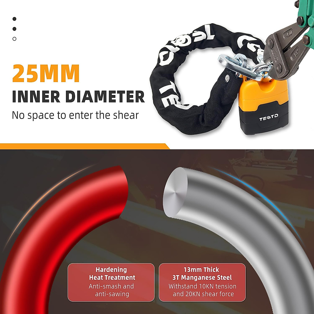 Motorcycle Lock Chain Lock 5.3feet/160cm Long Heavy Duty Anti-Theft Bike Chain Locks Security 10mm Thick Chain with Bright-Colored Lock 4 Keys for Motorcycles,Generator,Containers(8.6lbs)