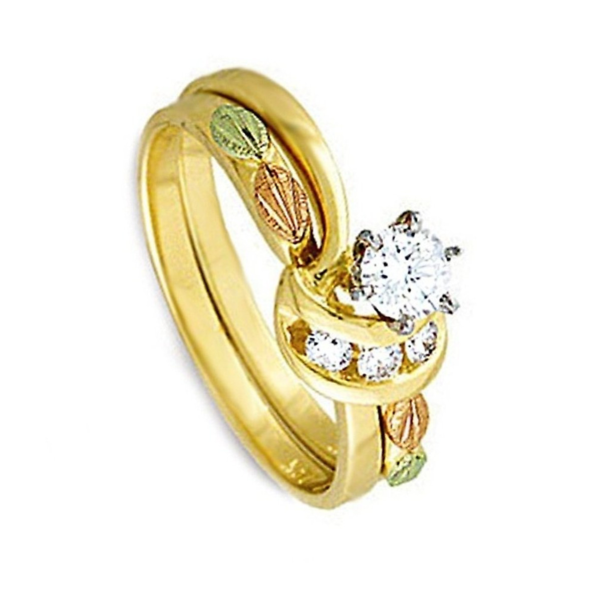 Diamond Bridal Set Engagement and Wedding Ring, 10k Yellow Gold, 12k Green and Rose Gold Black Hills Gold Motif, Size 5
