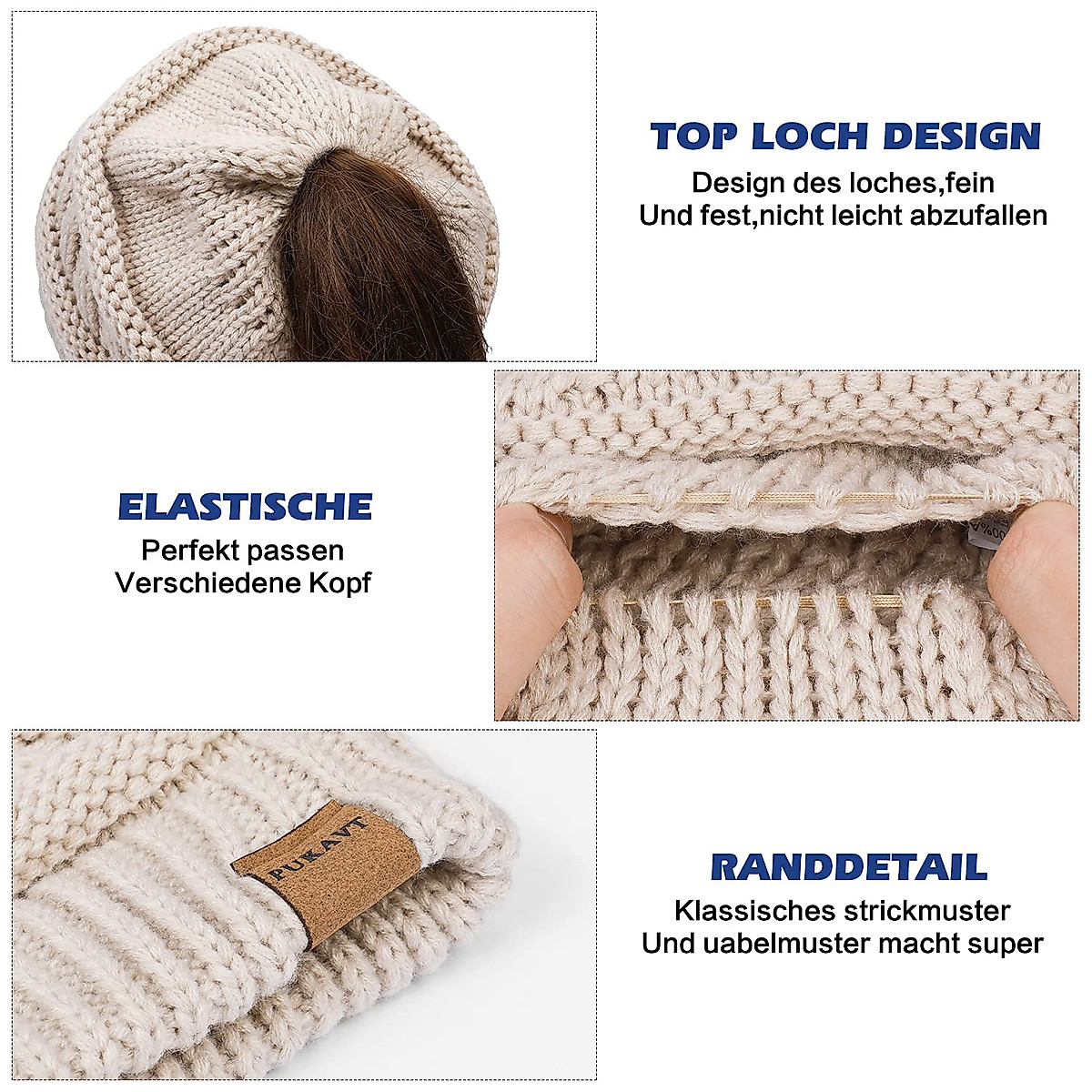 Pukavt 1 Pack Winter Hat Ponytail Beanie Hat for Women, Soft Stretch Cable Knit Messy Bun Beeanie,Trendy and Warm Beige