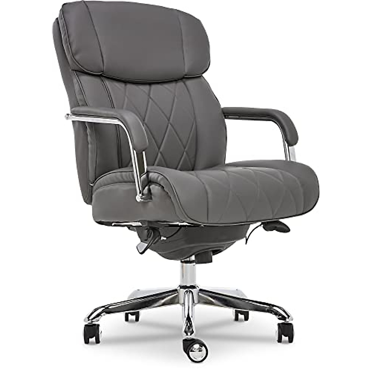 La-Z-Boy Sutherland Quilted Leather Executive Office Chair with Padded Arms, High Back Ergonomic Desk Chair with Lumbar Support, Grey Bonded Leather