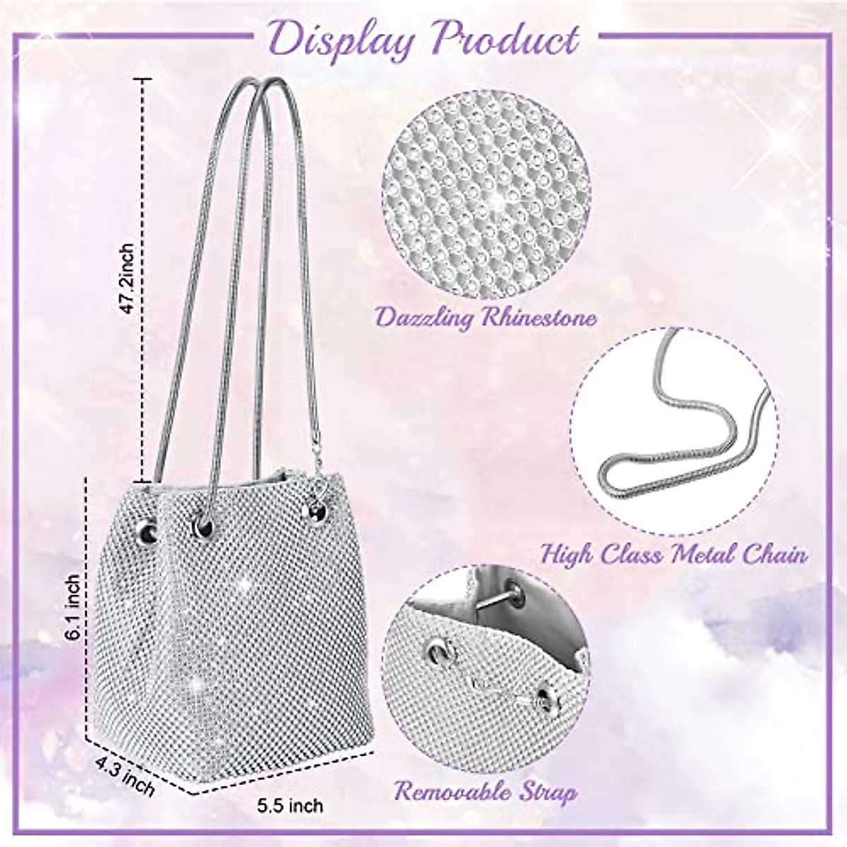 4 Pcs Rhinestone Purse Jewelry Set for Women Silver Wedding Bucket Bag Evening Purse Crossbody Shoulder Bucket Bags Crystal Choker Necklace and Earring Jewelry Set for Prom Party Wedding