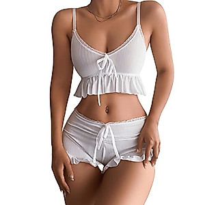 SweatyRocks Women's 2 Piece Lingerie Set Ruffle Trim Tie Front Cami Top and Shorts Sleepwear White S