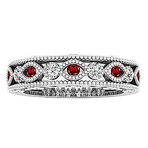 Dazzlingrock Collection 10K Round Garnet & White Diamond Ladies Vintage Stackable Wedding Band, White Gold, Size 7.5