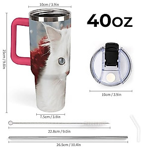LLUTSNTH 40 Oz Vacuum Tumbler with Light Rose Red Handle Leakproof Insulated Tumbler Cute White Cat Stainless Steel Travel Mug with Lid And Straw Coffee Cup Cute Water Bottles Cup Holder Friendly