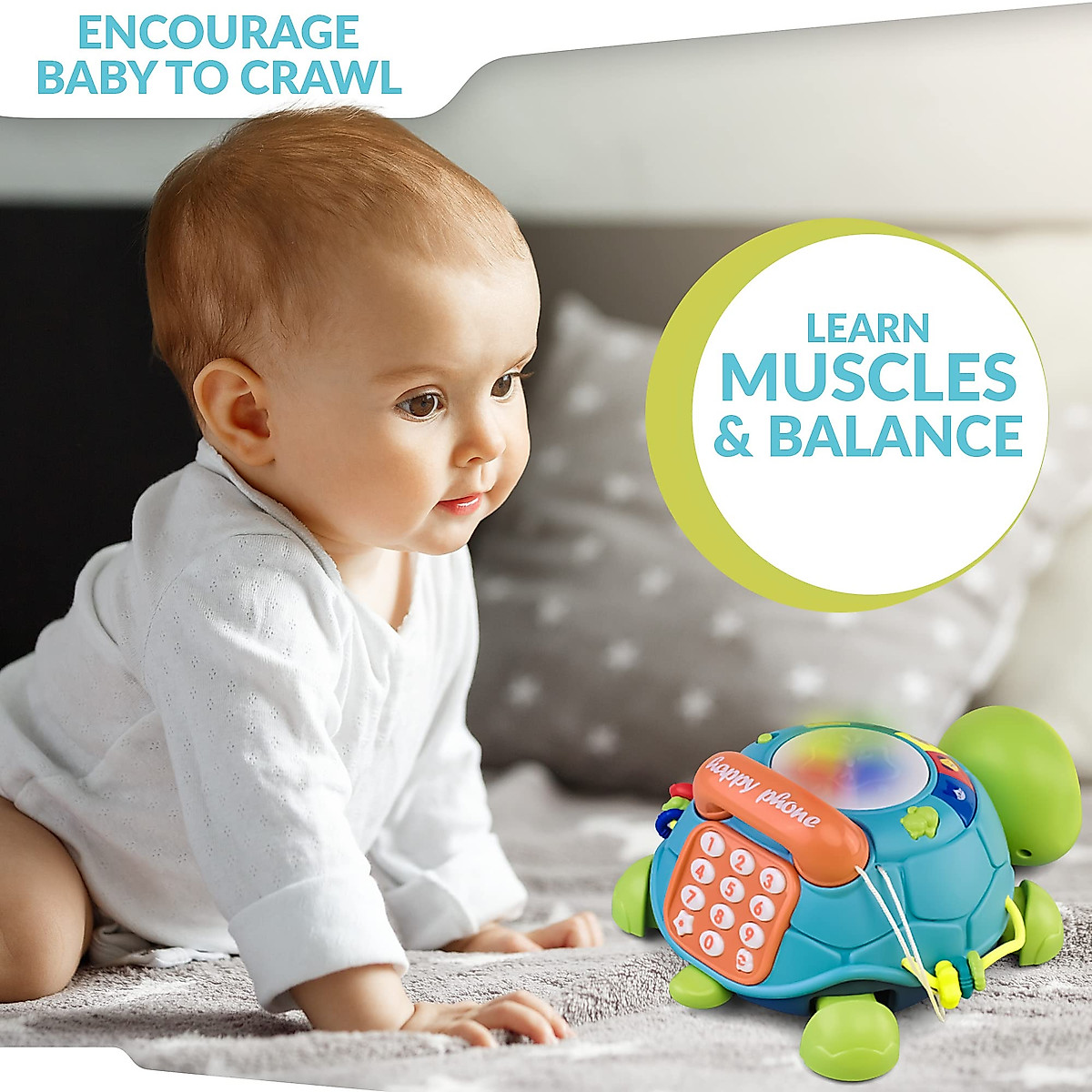 Boxgear Musical Turtle Toy - Baby Crawling Toys for Babies 18+ Months - Learning with Sound, Music, Lights, Phone, Letters, Numbers - for Motor Skills, Cognitive Development, Hand-Eye Coordination
