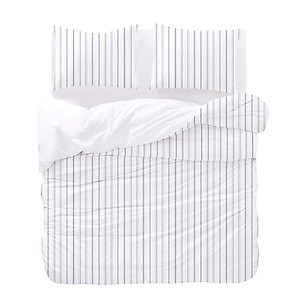 Wake In Cloud - Striped Comforter Set, Ticking Stripe Vertical Pinstripe Neutral Farmhouse Pattern Printed, Soft Lightweight Bedding, 3 Pieces, Gray White, Queen Size