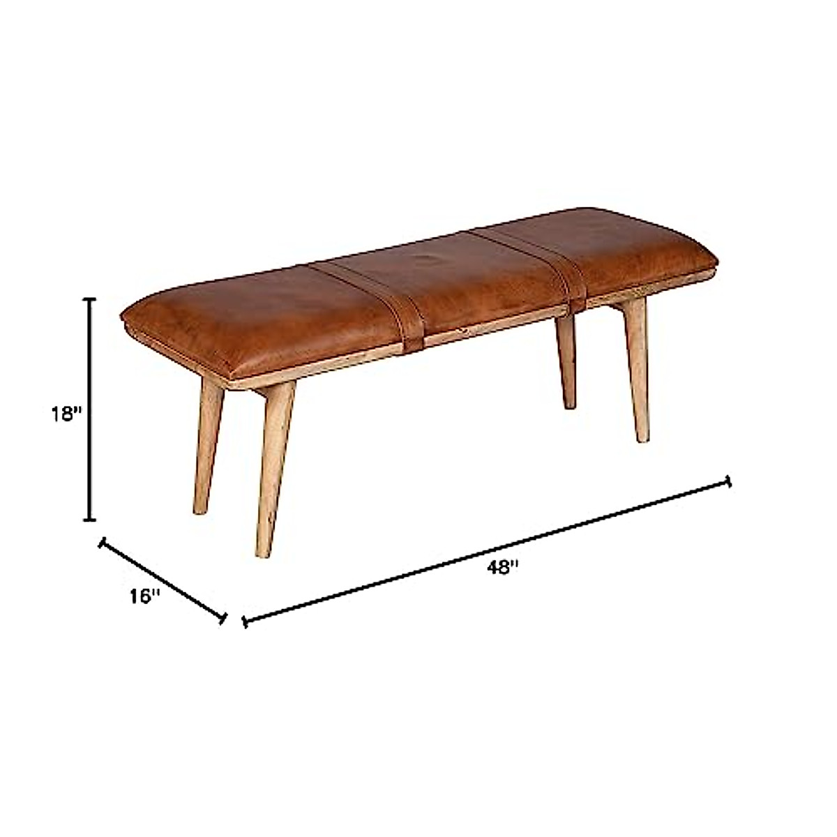 Mid Century Modern Wooden Bench - Leather Bench, Entrance Bench, Foyer for Entryway With Genuine Leather Cushion - Aesthetic Rustic Bedroom, Living Room, Kitchen Window Bench - Brown 48" x 16" x 18"