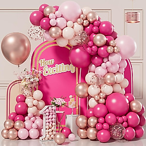 Bonropin 152pcs Pink Balloon Arch Garland Kit with Pastel Pink Hot Pink Pastel Orange Metallic Rose Gold Confetti Balloons for Birthday Baby Shower Princess Theme Wedding Valentine's Party Decorations