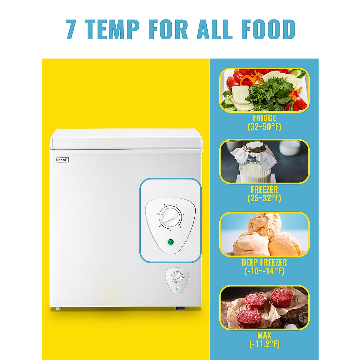 5.0 Cubic Feet Chest Freezer Small Deep Freezers with Removable Storage Basket Free Standing Top Door Compact Freezer 7 Gears Temperature Control for Office Dorm Apartment