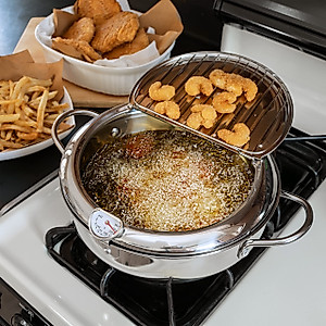 Deep Fryer Pot (°F),Stylish Tempura Fryer,Small Japanese Style 3.4L Stainless Steel Deep Frying Pot With Lid & Oil Drip Drainer Rack and Detachable Fahrenheit Temperature Control,Size: 9.8 Inches