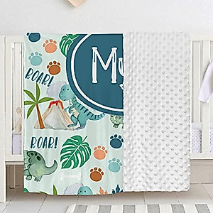 Dinosaur Custom Baby Blanket with Name Personalized Baby Blankets for Boys Girls Toddler Blanket Newborn Super Soft Comfy Patterned Minky with Double Layer Dotted Backing 35 x 45 Inch