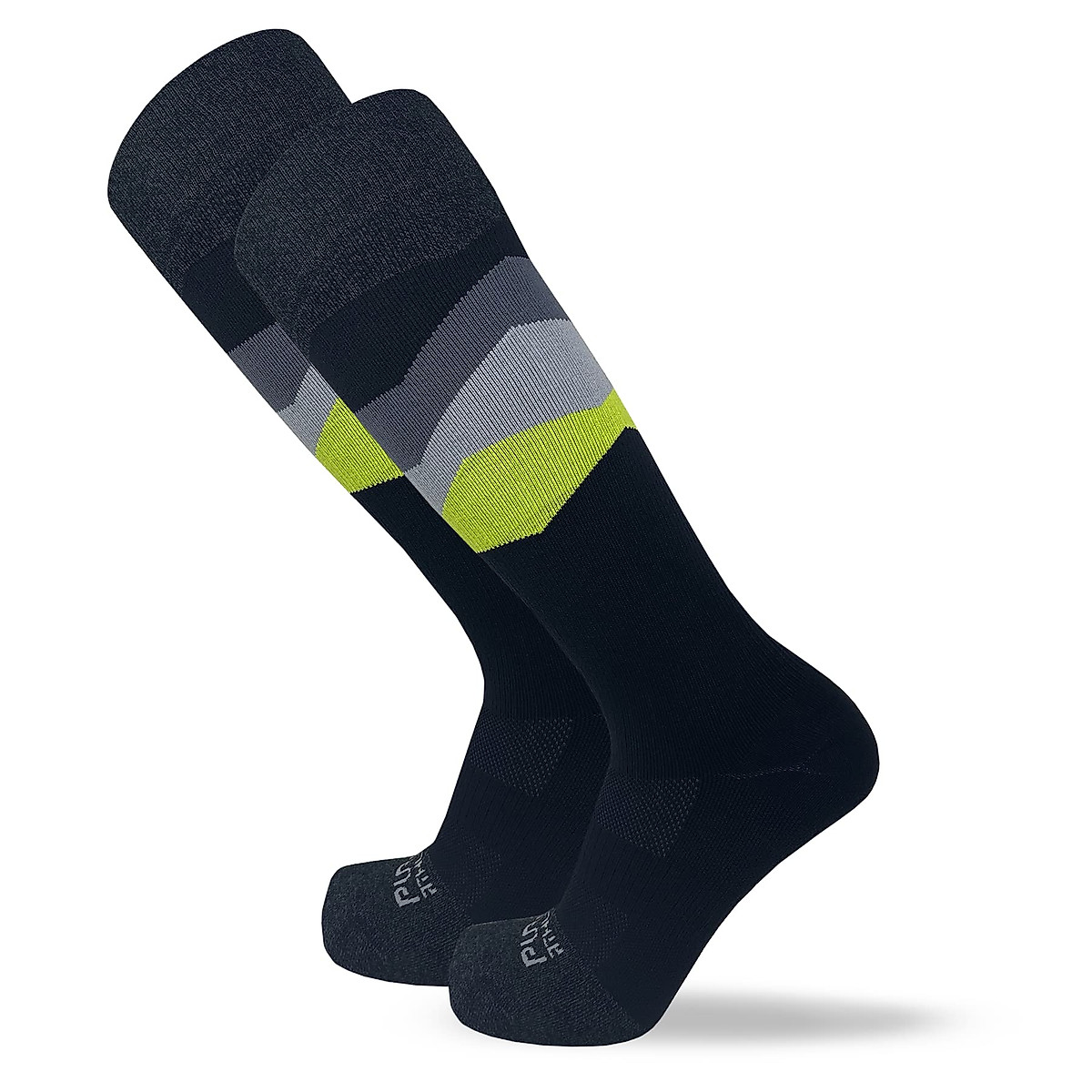 Pure Athlete Eco Friendly Winter Ski Socks - Sustainable Cold Weather Hiking Snowboard Socks (L, 2 Pairs - Black/Grey/Neon Green)