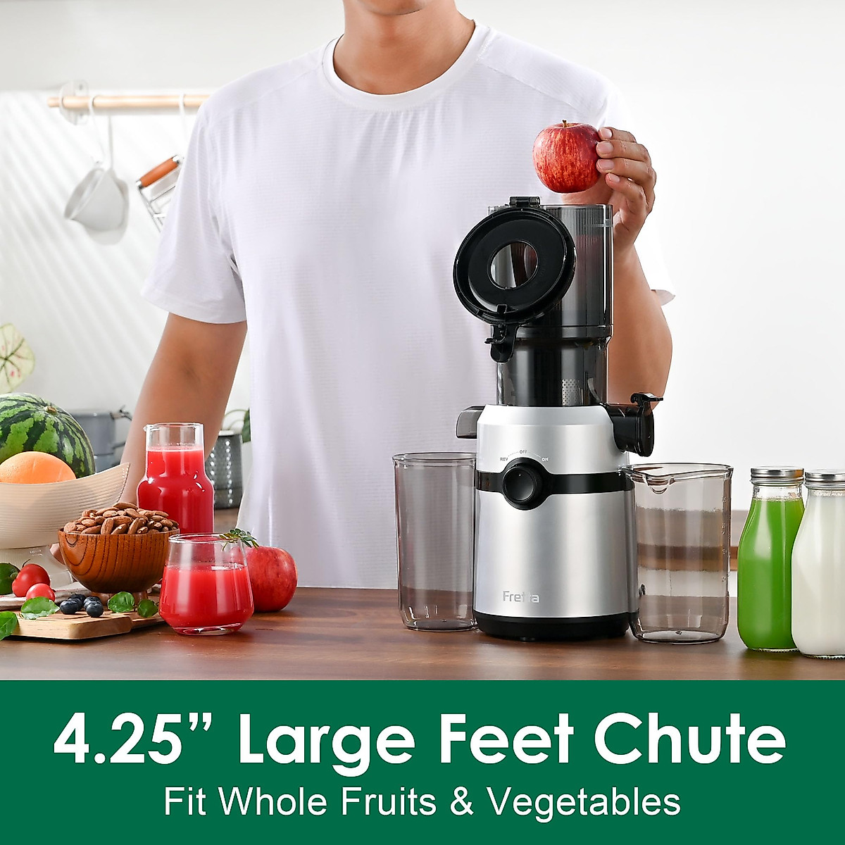 Cold Press Juicer Machines,Fretta Slow Masticating Juicer Machines with 4.25" Large Feed Chute,Fit Whole Fruits & Vegetables Easy Clean Self Feeding,High Juice Yield,BPA Free (Silver)